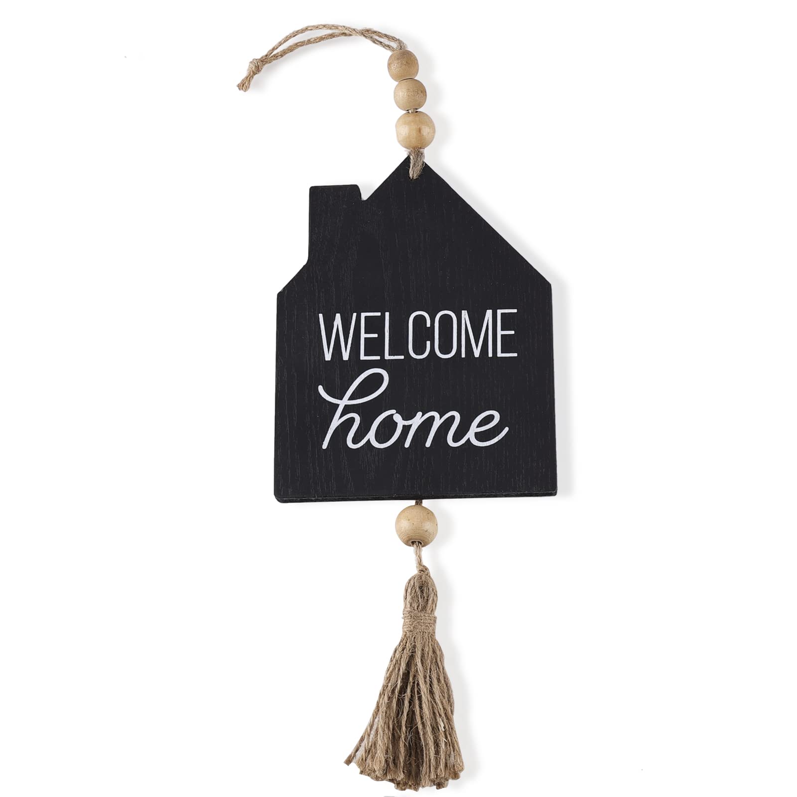 OYATON Welcome Home Wood Hanging Sign Decor, Small Black Rustic Wooden Blocks House Hanging Sign with Beads and Jute Rope Tassel for Wall Farmhouse Decoration,Front Door and Porch Home Decor