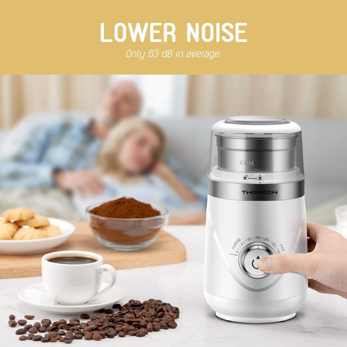 TWOMEOW White Electric Coffee Grinder Adjustable, Spice Grinder and Coffee Bean Grinder with 1 Removable Stainless Steel Bowl, Suitable for French Press, Cold Extraction and Espresso Grinder