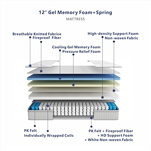Lechepussleep Queen Mattresses,12 Inch Hybrid Mattress,Cooling Gel Memory Foam with Pocket Spring Mattress in Box for Pressure Relief and Balance Support, Medium Feel Mattress,CertiPUR-US Certified