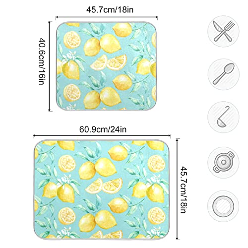 Absorbent Dish Drying Mat for Kitchen Counter - Yellow lemon teal background Microfiber Drying Pad, Reversible Drainer Mats for Countertop, Large 16 x 18 inch
