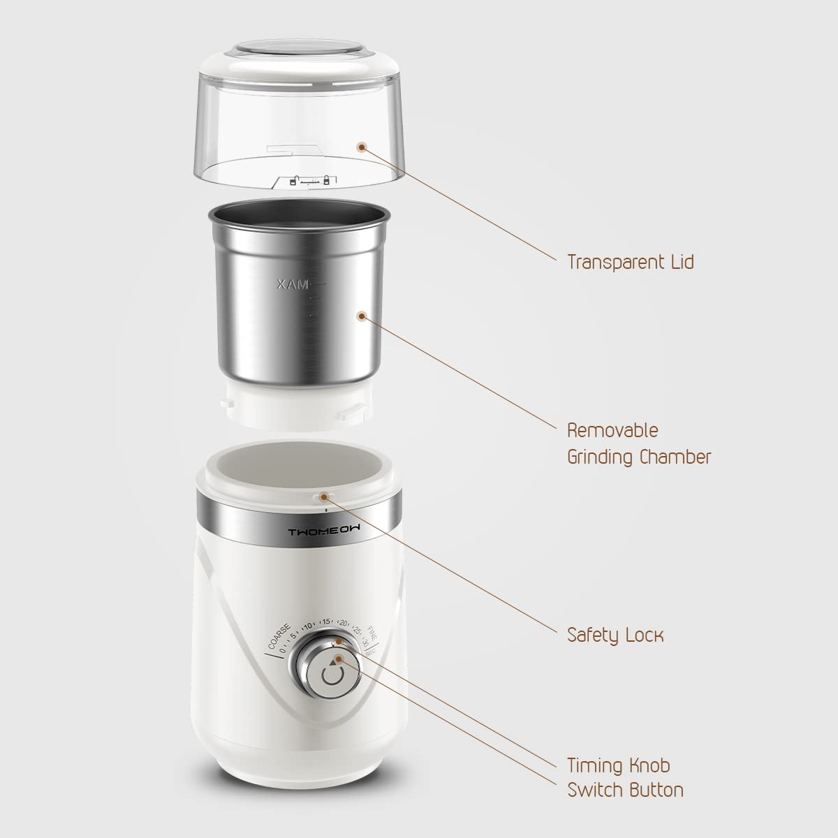 TWOMEOW White Electric Coffee Grinder Adjustable, Spice Grinder and Coffee Bean Grinder with 1 Removable Stainless Steel Bowl, Suitable for French Press, Cold Extraction and Espresso Grinder