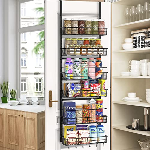 Mefirt Over The Door Pantry Organizer, Wall Mount Spice Rack, 6 Adjustable Baskets and Dual-use (Multi-use) Heavy-Duty Metal Hanging Seasoning Rack-Kitchen Organization,Bathroom,Closet, Cabinet,Cans