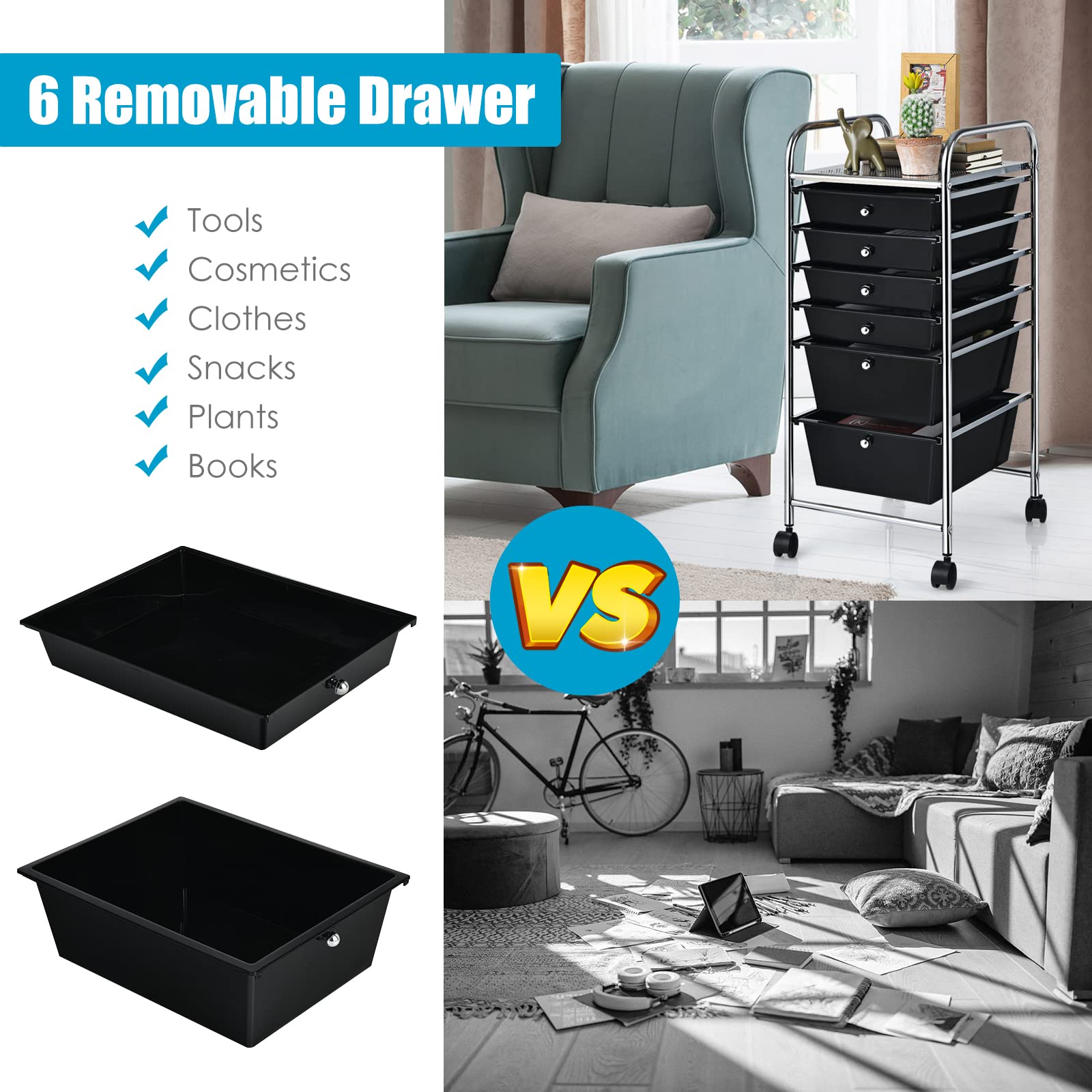 GOFLAME 6-Drawer Rolling Storage Cart, Multifunctional Art Craft Organizer Cart, Mobile Utility Storage Cart with Removable Drawers & Lockable Wheels, Craft Cart for Home Office, School, Black