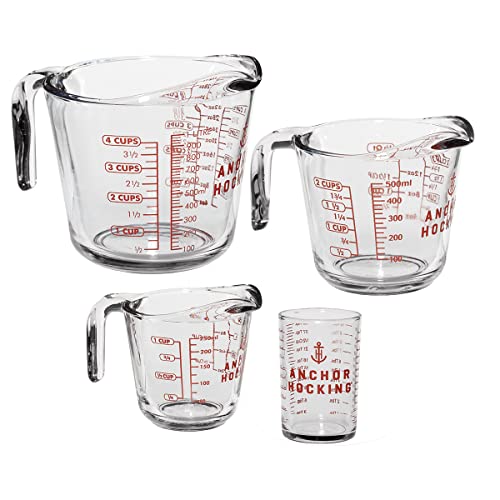 Anchor Hocking Glass Measuring Cup, 4 Pieces, Set Includes 5 oz, 1-cup, 2-cup, 4-cup