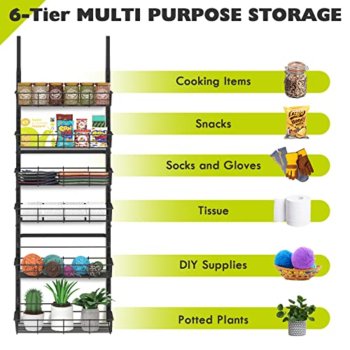 Mefirt Over The Door Pantry Organizer, Wall Mount Spice Rack, 6 Adjustable Baskets and Dual-use (Multi-use) Heavy-Duty Metal Hanging Seasoning Rack-Kitchen Organization,Bathroom,Closet, Cabinet,Cans