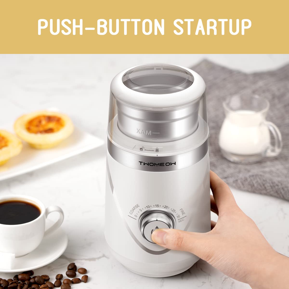TWOMEOW White Electric Coffee Grinder Adjustable, Spice Grinder and Coffee Bean Grinder with 1 Removable Stainless Steel Bowl, Suitable for French Press, Cold Extraction and Espresso Grinder