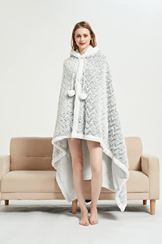 Chic Home Auburn Snuggle Hoodie Wavy Animal Pattern Robe Cozy Super Soft Ultra Plush Coral Fleece Sherpa Lined Wearable Blanket with 2 Pockets Hood Drawstring Button Closure, Silver-White, 51β x 71β