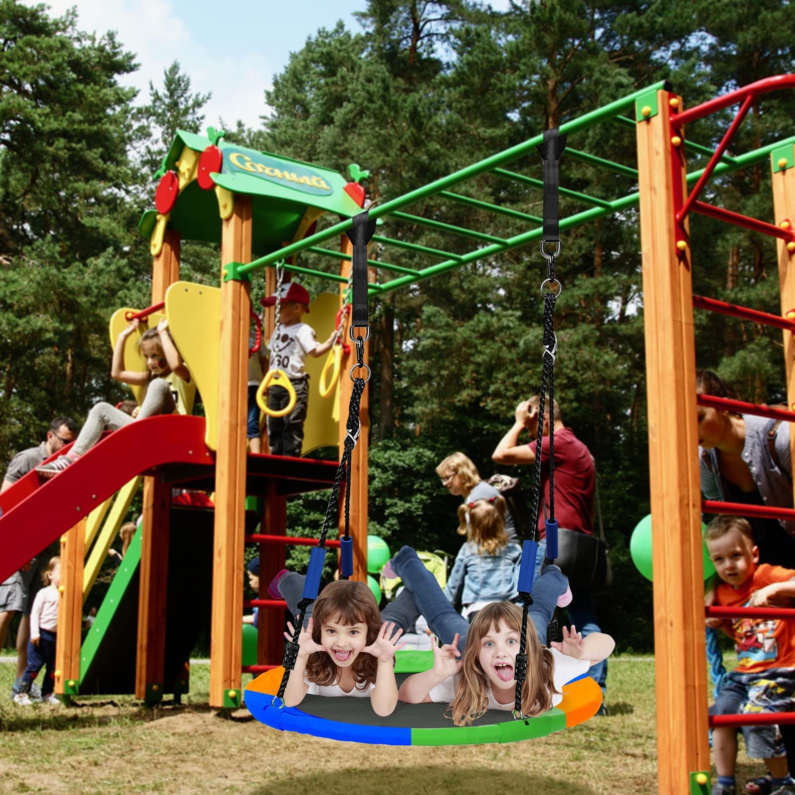 DEROFIT 40 Inch Flying Saucer Tree Swing for Kids,750lb Round Indoor Outdoor Swing Set with Foam Handle,Circle Swing with Steel Frame Adjustable Rope,Easy to Install 750lb Weight Capacity