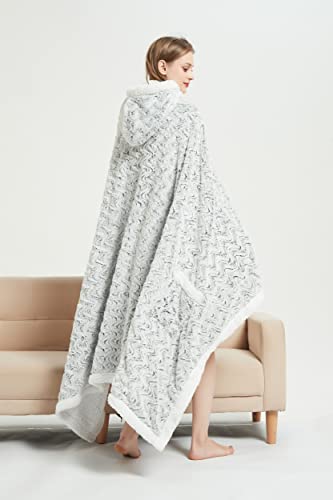 Chic Home Auburn Snuggle Hoodie Wavy Animal Pattern Robe Cozy Super Soft Ultra Plush Coral Fleece Sherpa Lined Wearable Blanket with 2 Pockets Hood Drawstring Button Closure, Silver-White, 51β x 71β