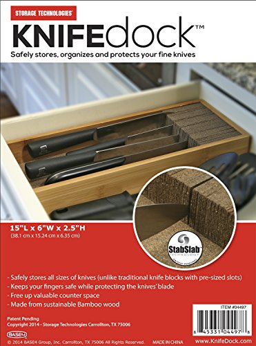 Knifedock - In-drawer Kitchen Knife Storage - The Cork Composite Material Never Dulls Your Blades. Great Gift for Any Chef! Enables you to Easily Store and Identify Your Knives At a Glance.