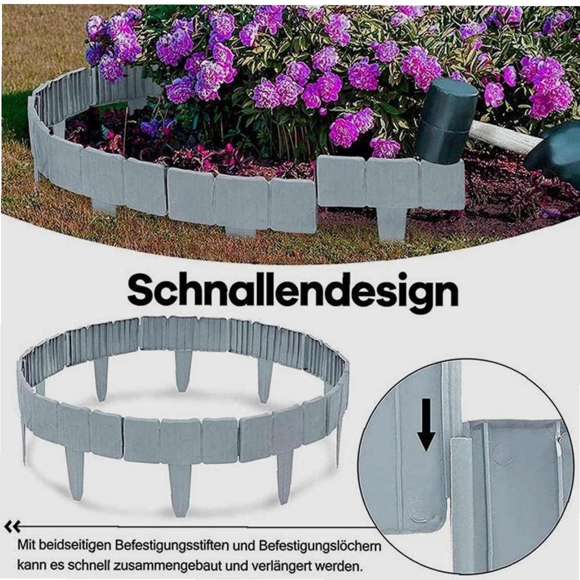Ruluti 20pcs Flower Bed Decorative Fence Simulation Stone Plastic Garden Edging Border Interlocking Lawn Landscape Stakes, Gray