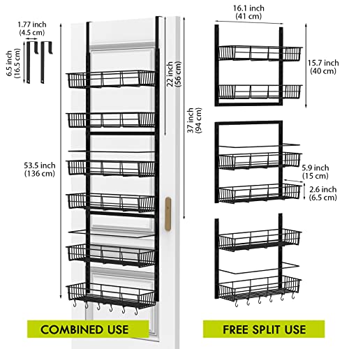 Mefirt Over The Door Pantry Organizer, Wall Mount Spice Rack, 6 Adjustable Baskets and Dual-use (Multi-use) Heavy-Duty Metal Hanging Seasoning Rack-Kitchen Organization,Bathroom,Closet, Cabinet,Cans