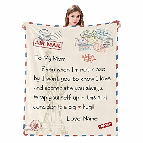 Neywoll Personalized Blanket for Mom from Daughter or Son, to My Mom Love Letter Air Mail Blankets, Soft Couch Bed Fleece World Landmarks Blanket 40x50 Inches