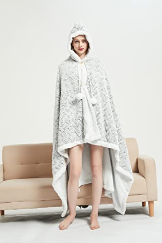 Chic Home Auburn Snuggle Hoodie Wavy Animal Pattern Robe Cozy Super Soft Ultra Plush Coral Fleece Sherpa Lined Wearable Blanket with 2 Pockets Hood Drawstring Button Closure, Silver-White, 51β x 71β