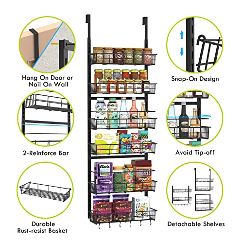Mefirt Over The Door Pantry Organizer, Wall Mount Spice Rack, 6 Adjustable Baskets and Dual-use (Multi-use) Heavy-Duty Metal Hanging Seasoning Rack-Kitchen Organization,Bathroom,Closet, Cabinet,Cans