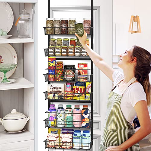 Mefirt Over The Door Pantry Organizer, Wall Mount Spice Rack, 6 Adjustable Baskets and Dual-use (Multi-use) Heavy-Duty Metal Hanging Seasoning Rack-Kitchen Organization,Bathroom,Closet, Cabinet,Cans