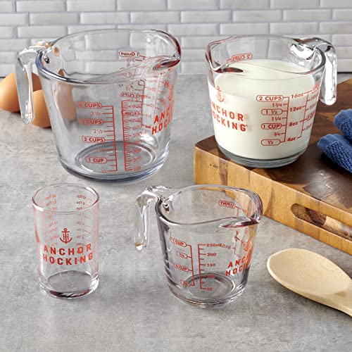 Anchor Hocking Glass Measuring Cup, 4 Pieces, Set Includes 5 oz, 1-cup, 2-cup, 4-cup