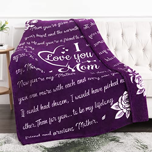 Jekeno I Love You Mom Gift Blanket, Double Sided Printed Throw Birthday Gifts for Women Unique Mom Gifts from Daughter or Son for Birthday, Mothers Day, Christmas, Warm Soft 50"x60" (Purple)
