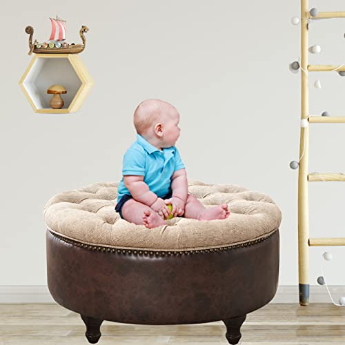 Nathaniel Home Upholstered 30" Round Storage Vegan Leather Ottoman, Leather Button Tufted Ottoman with Fabric Removable Lid, Bench with Wood Legs, Light Brown/Dark Brown
