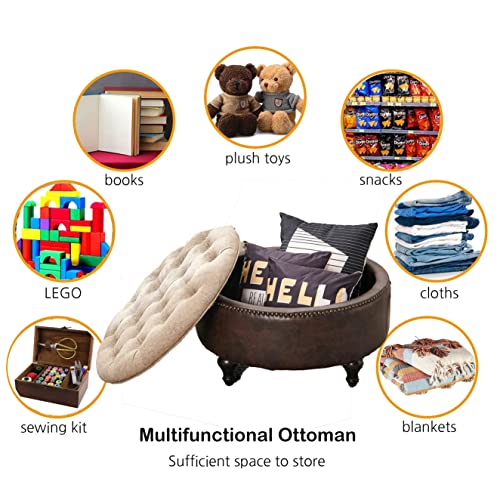 Nathaniel Home Upholstered 30" Round Storage Vegan Leather Ottoman, Leather Button Tufted Ottoman with Fabric Removable Lid, Bench with Wood Legs, Light Brown/Dark Brown