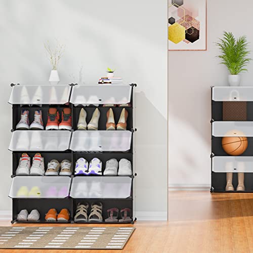 Neprock 20-Pack Black Shoe Slots Organizer Bundle with 6 Tier Black Shoe Rack Organizer