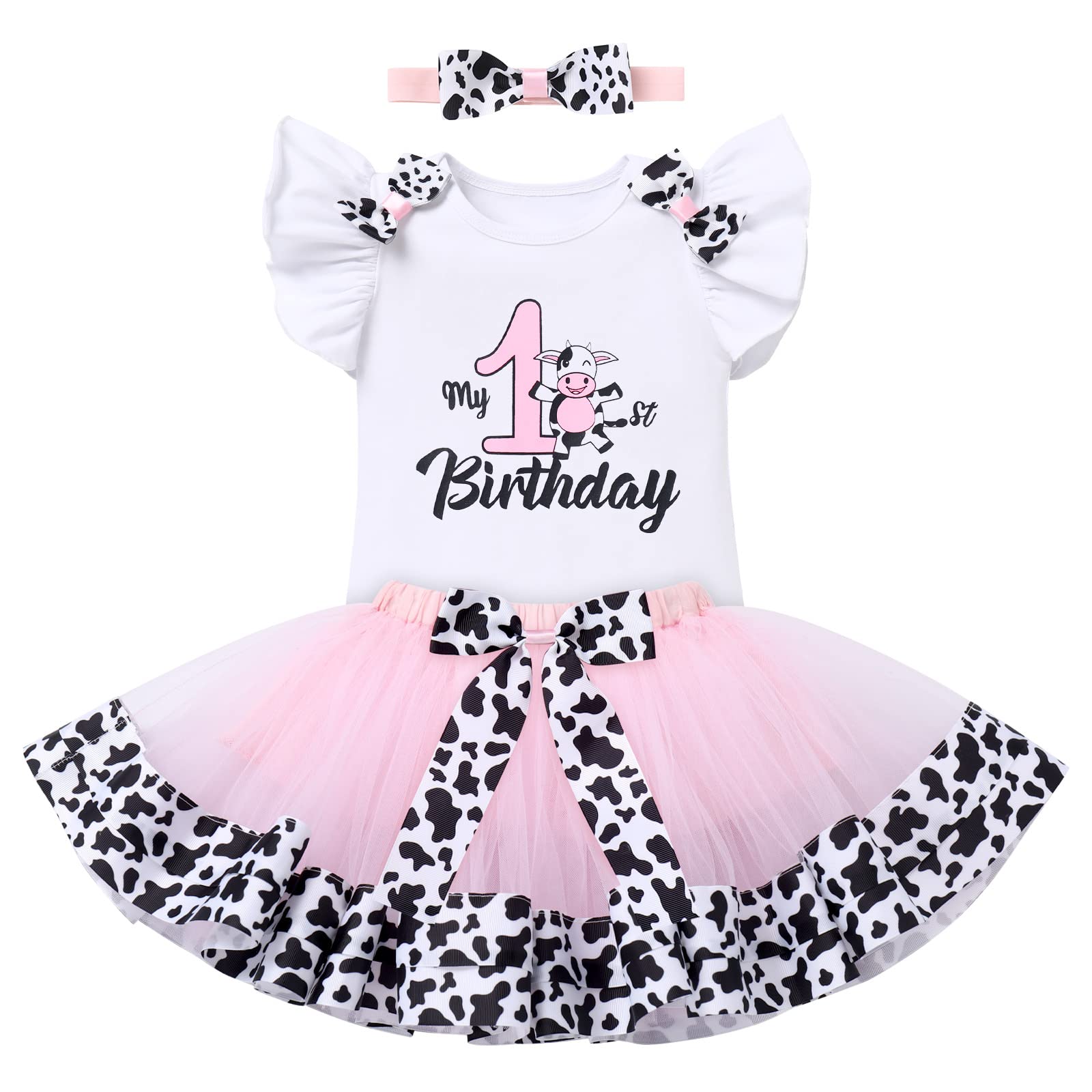 Cow Themed First Birthday Girl Outfit Romper Tutu Skirt Headband Cake Smash Photoshoot Toddler Baby Cows Print My 1st Birthday Outfit Farm Animals Party Supplies Infant Halloween Costume Pink 1T