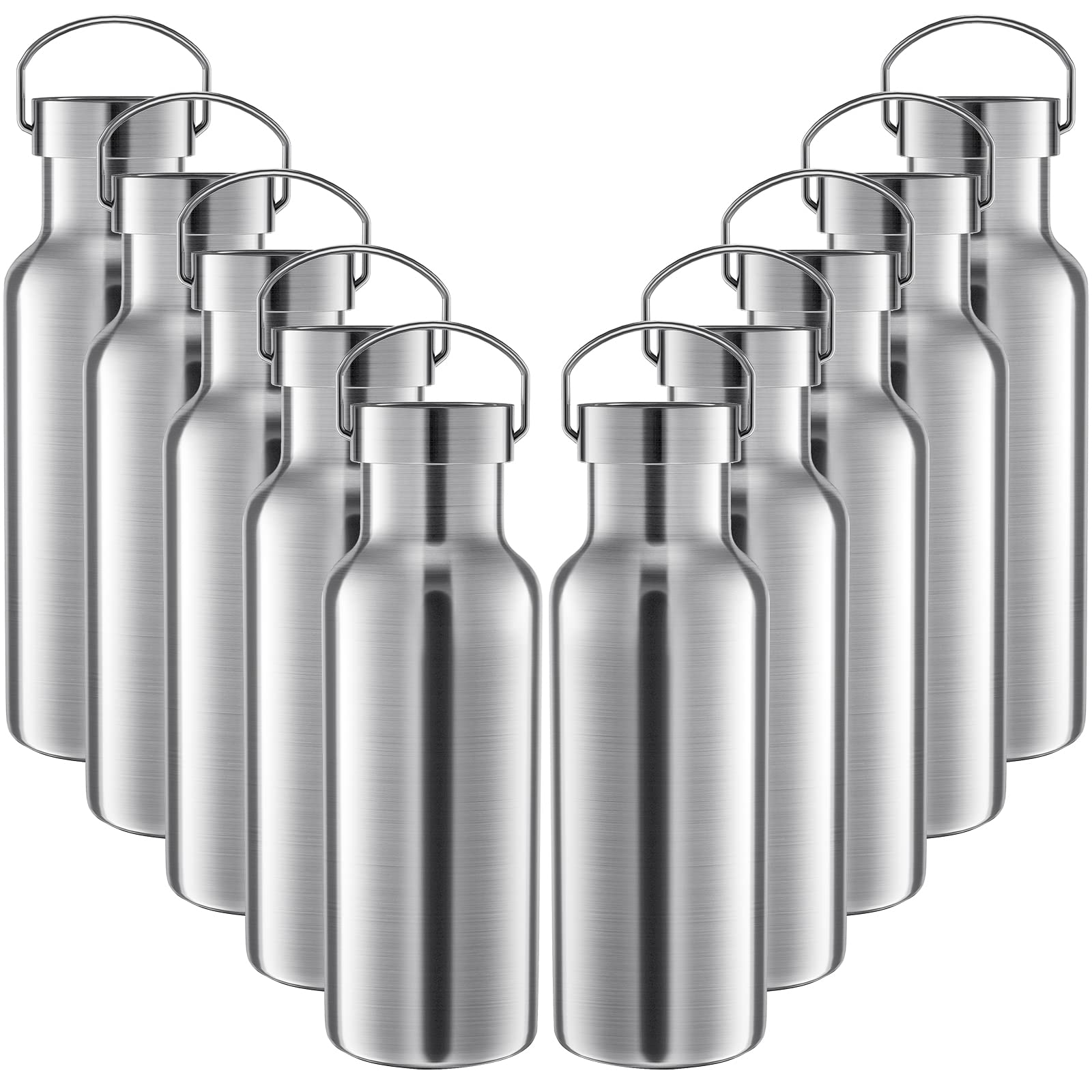 10 Pack 17oz Stainless Steel Sports Water Bottle Double Wall Insulated Bottle with Handle and Vacuum Seal Leakproof Lid for Cyclists Runners Hikers Beach Goers Picnics Camping Gift (Silver)