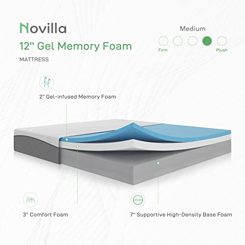 Novilla King Size Mattress, 12-Inch Gel Memory Foam Mattress for Good Sleep, Pressure Relieving, Matrress-in-a-Box, CertiPUR-US Certified, Medium Plush