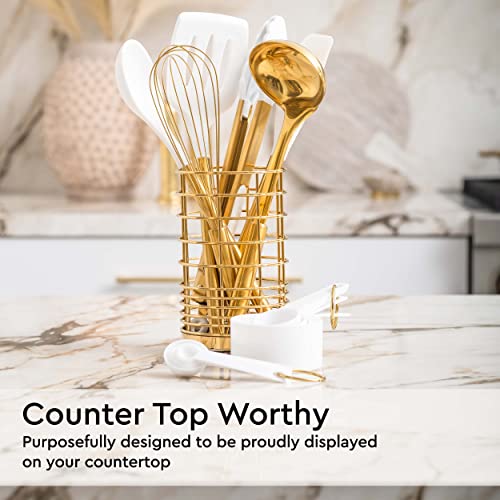 White Silicone and Gold Cooking Utensils Set with Gold Utensil Holder: 17PC Set Includes White & Gold Measuring Cups and Spoons Set,White Utensils Set,Gold Spatula,Gold Whisk -Gold Kitchen Accessories