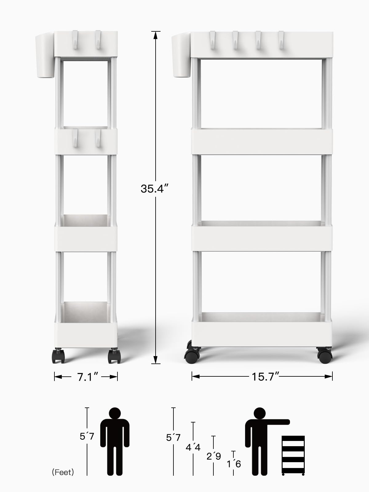 Pipishell Slim Storage Cart with Wheels, 4 Tier Bathroom Storage Organizer Rolling Utility Cart for Bathroom Kitchen Laundry Room Office Narrow Place (White)