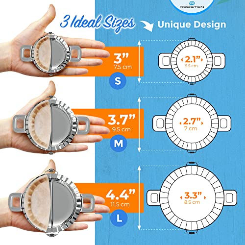 Dumpling Maker Press Set of 3 Molds β BONUS Pastry Mat, Empanada Press for Cooking Pierogi Ravioli Turnover Wrappers, Stainless Steel Dumpling Mould - Pack of 3 Sizes with Silicone Dough Mat