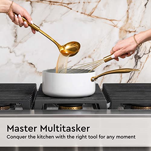 White Silicone and Gold Cooking Utensils Set with Gold Utensil Holder: 17PC Set Includes White & Gold Measuring Cups and Spoons Set,White Utensils Set,Gold Spatula,Gold Whisk -Gold Kitchen Accessories