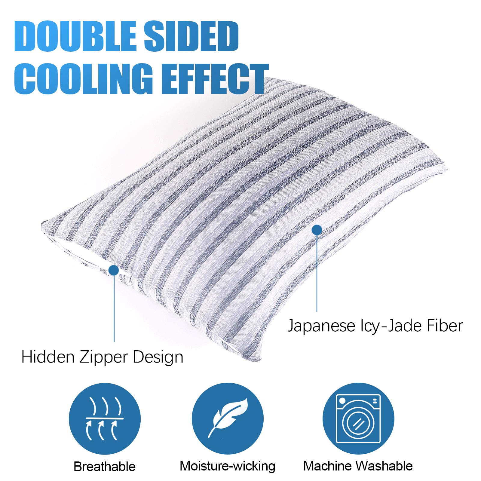 Ailemei Direct Cooling Pillowcase Set of 2, Double Sided with Hidden Zipper, Japanese Icy-Jade Fiber, Breathable and Moisture-Wicking, Easy to Clean, Machine and Hand Washable