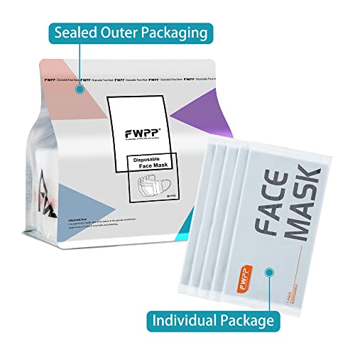 FWPP Adult 4 Ply Disposable Face Masks, Comfortable Elastic Ear Loop Face Mask, Breathable Non-woven Fabric Grey, Individually Wrapped Pack of 50