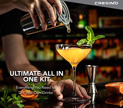 4pc Boston Cocktail Shaker Set - Bartender Kit with Martini Drink Shaker & Cocktail Set Bar Accessories: 28oz / 18oz Martini Shaker, Strainer, Jigger & Recipe Guide - Cocktail Mixer Bar Set - Cresimo