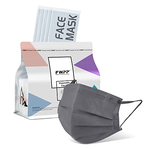FWPP Adult 4 Ply Disposable Face Masks, Comfortable Elastic Ear Loop Face Mask, Breathable Non-woven Fabric Grey, Individually Wrapped Pack of 50