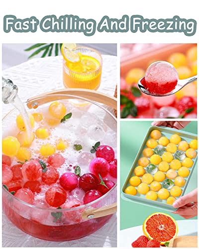 EWRITN Ice Cube Tray, Round Ice Ball Maker for Freezer,Circle Ice Trays Making 99pcs with Sphere Ice Balls Chilling Drinks (3Pack Blue Trays, 3 Steel Metal Straws,1 Ice Bucket Scoop & Tong)