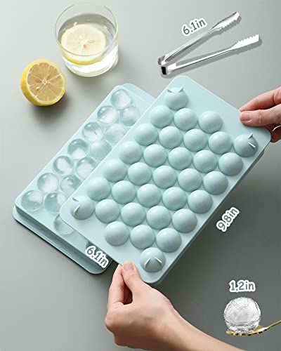 EWRITN Ice Cube Tray, Round Ice Ball Maker for Freezer,Circle Ice Trays Making 99pcs with Sphere Ice Balls Chilling Drinks (3Pack Blue Trays, 3 Steel Metal Straws,1 Ice Bucket Scoop & Tong)