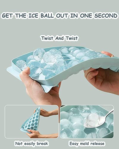 EWRITN Ice Cube Tray, Round Ice Ball Maker for Freezer,Circle Ice Trays Making 99pcs with Sphere Ice Balls Chilling Drinks (3Pack Blue Trays, 3 Steel Metal Straws,1 Ice Bucket Scoop & Tong)