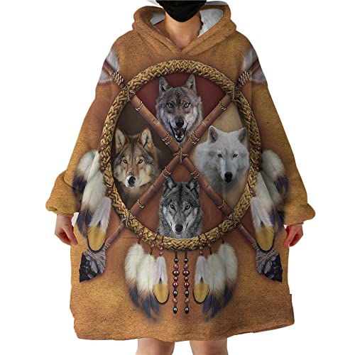 Sleepwish 4 Wolves Dreamcatcher Wearable Blanket Native American Oversized Blanket Hoodie with Deep Pockets, Long Sleeves - Vintage Feather Western Soft Comfy Sweatshirt Gold Brown (Adults 63" x 39")