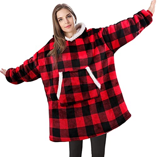 Dolloly Wearable Blanket Hoodie - Super Soft Cozy Unisex Sherpa Blanket, Oversized Sweatshirt Size with Pocket for Adult Women Men, Plaid Red, One Size