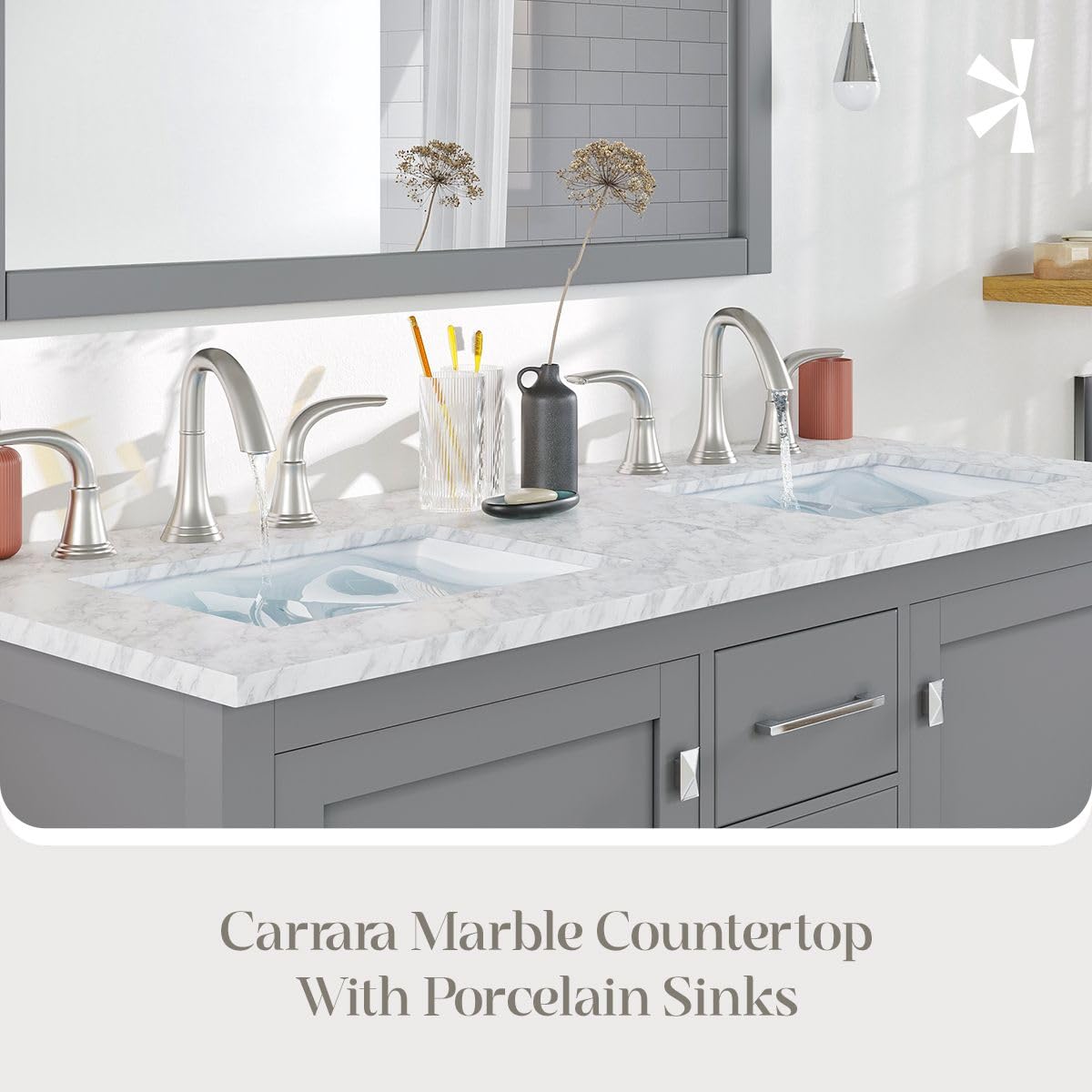 Eviva 48 Inch Bathroom Vanity with Sink-Gray Bathroom Vanity with Carrara Marble Top -Freestanding Double Sink Bathroom vanities with Spacious Storage -Bathroom Sink Cabinet and Wood countertop Combo