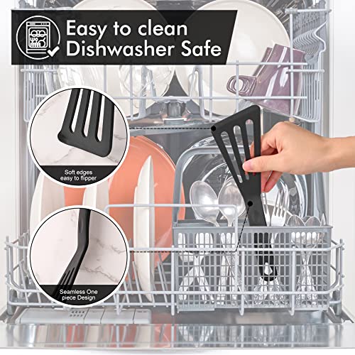 HOTEC Heat Resistant Silicone Slotted Fish Turner Spatula Set Flipper Spatulas for Cooking Non Stick Cookware Strong Dishwasher Safe Black