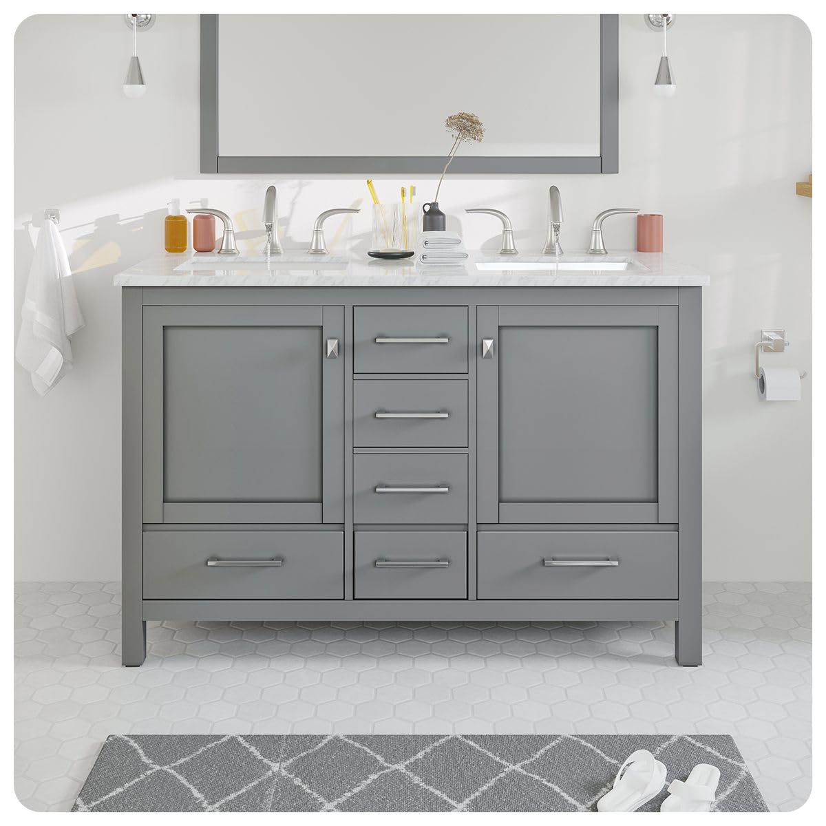 Eviva 48 Inch Bathroom Vanity with Sink-Gray Bathroom Vanity with Carrara Marble Top -Freestanding Double Sink Bathroom vanities with Spacious Storage -Bathroom Sink Cabinet and Wood countertop Combo
