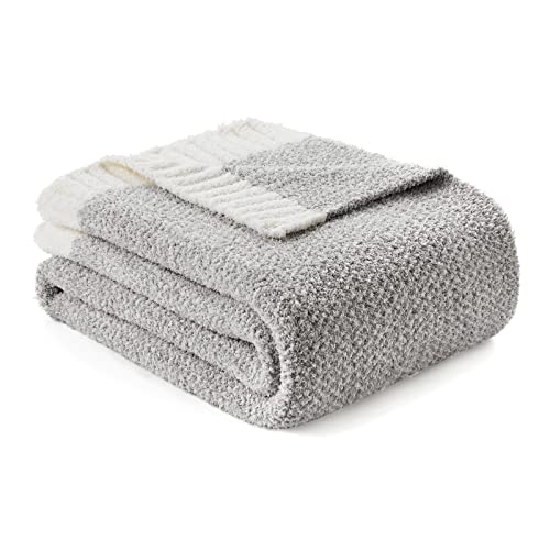 Snuggle Sac Heather Grey Throw Blanket for Couch, Reversible Throw Blanket Warm Cozy Knit Fuzzy Plush Lightweight for Sofa, Bed, Camping, Picnic, 50 x 60 inch