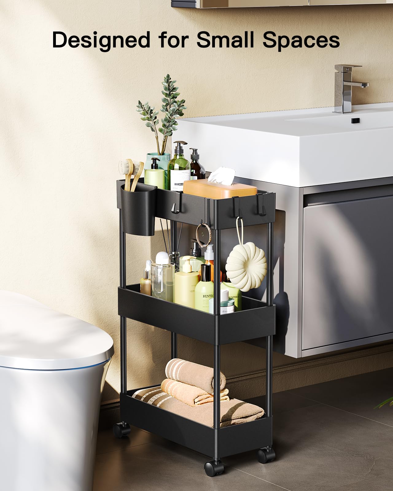 Pipishell Slim Storage Cart with Wheels, Bathroom Cart Organizer Bathroom Storage Small, Rolling Cart for Bathroom, Laundry Room, Kitchen, Narrow Space, Black PIUC04