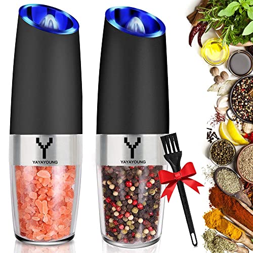 YAYAYOUNG Gravity Electric Grinder set of 2,Automatic Pepper and Salt Mill Grinder with Blue LED LIGHT,Electric Pepper Mill with Adjustable Coarseness,Refillable,salt and pepper shaker,pepper grinder