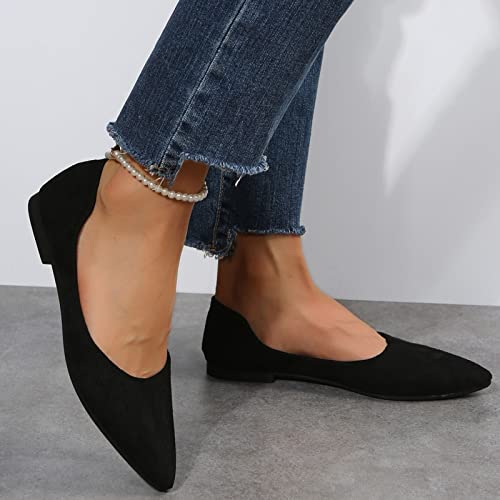 Ladies Fashion Solid Color Suede Pointed Shallow Comfortable Flat Casual Shoes Shoes Size 6 Women Sandals (Black, 8.5)
