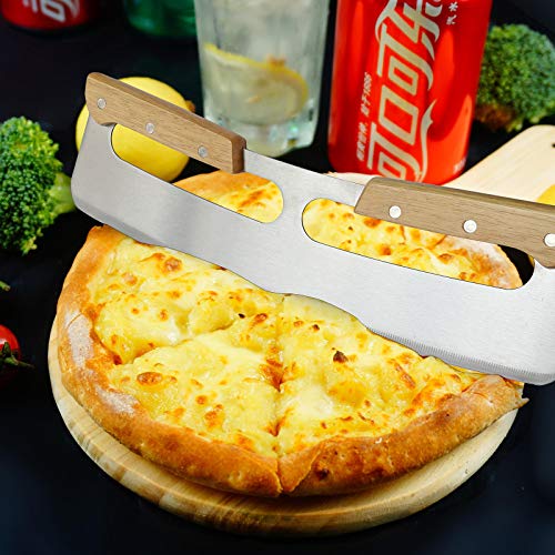 ALLTOP Pizza Cutter Rocker,Stainless Steel Blade Knife With Double Wooden Handle & Plastic Cover, Large Pizza Slicer/Chopper,Good Kitchen Tool -14 In