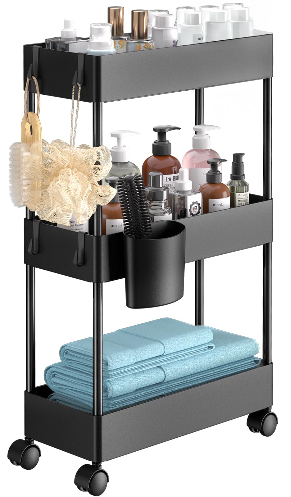 Pipishell Slim Storage Cart with Wheels, Bathroom Cart Organizer Bathroom Storage Small, Rolling Cart for Bathroom, Laundry Room, Kitchen, Narrow Space, Black PIUC04